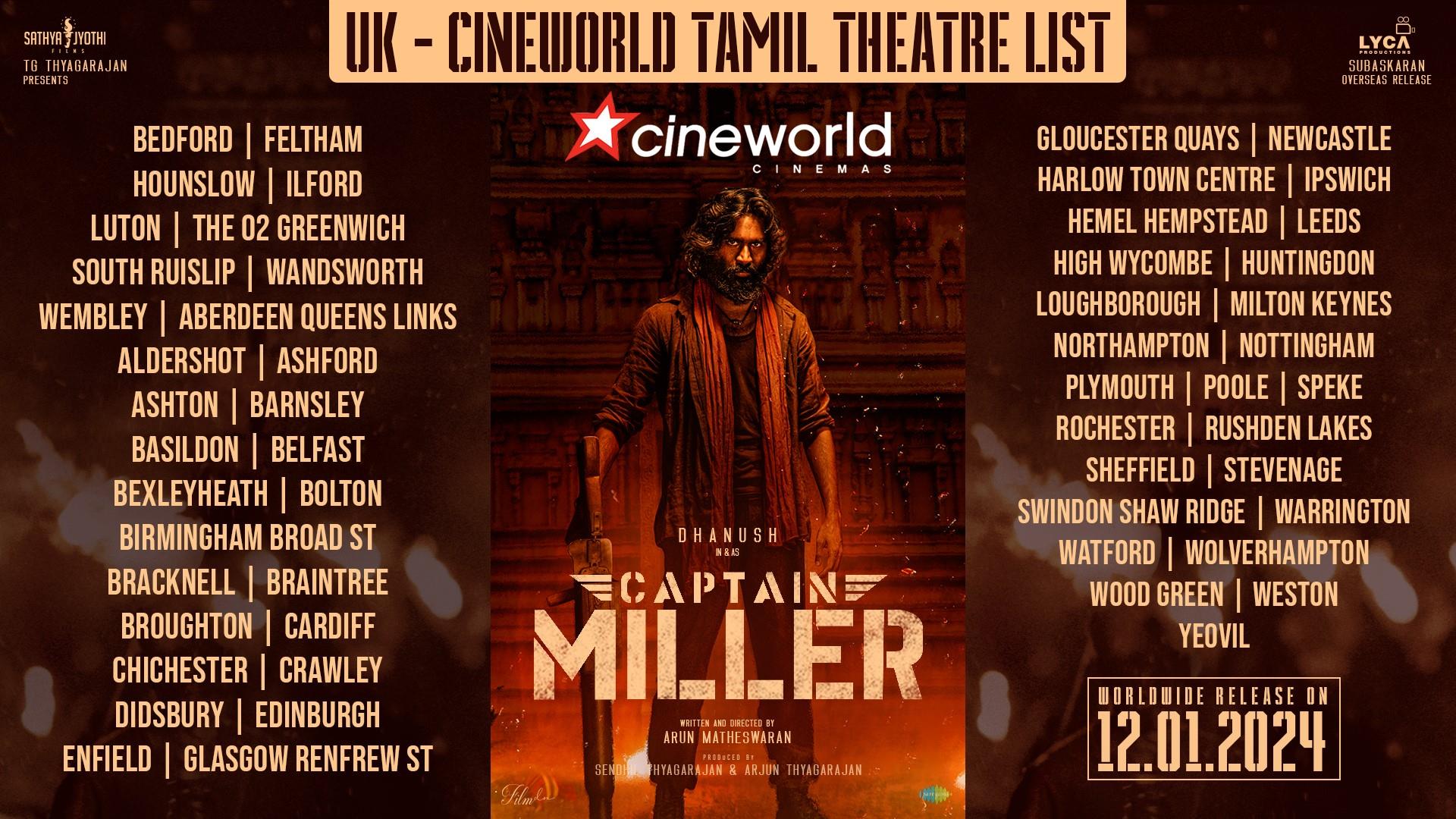 Captain Miller UK Theater List (Tamil, Telugu, Hindi) Tamil Movie, Music Reviews and News